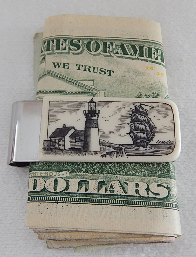 Scrimshaw Ship and Lighthouse Money Clip – The Cape Cod Store